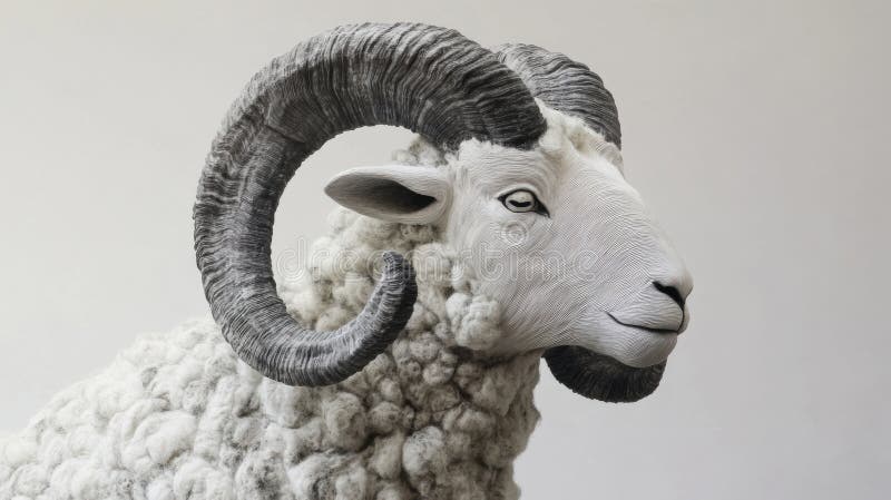 Profile View of a Ram Showcasing Large Curved Horns and Textured Wool ...