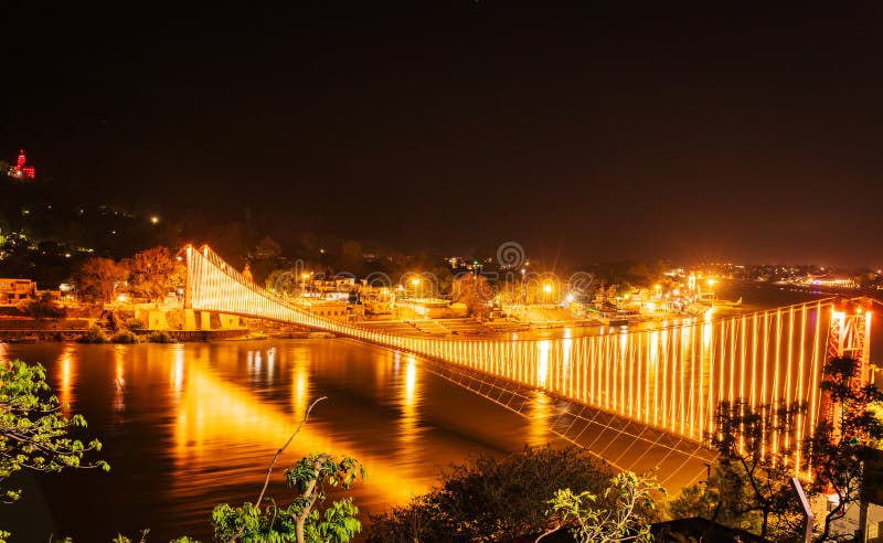 Ram Jhula Bridge Illuminated at Night in Rishikesh, India Stock Image ...