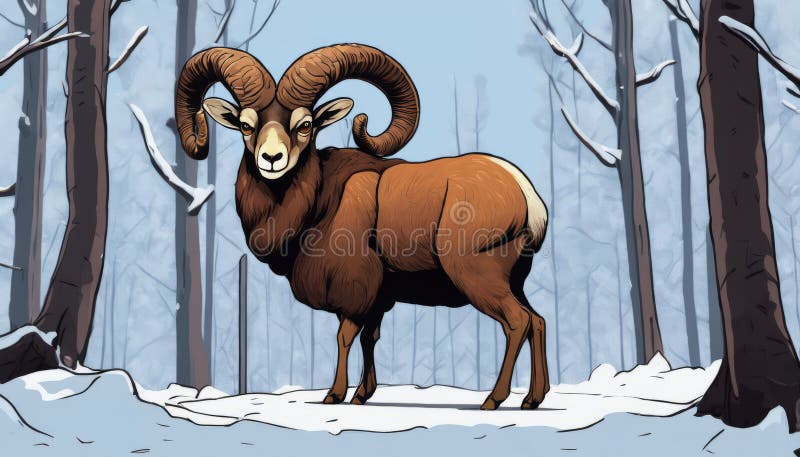 A Ram with Large Horns Stands in the Snow Stock Illustration ...