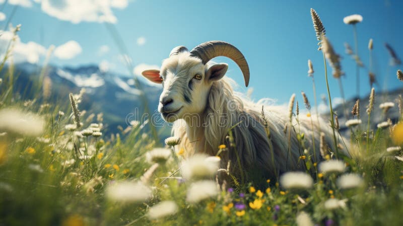 A Ram with Long Horns Sitting in a Field of Flowers, AI Stock Image ...