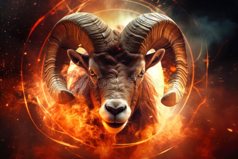 A Ram with Massive Horns Stands in Front of a Blazing Fire Stock ...