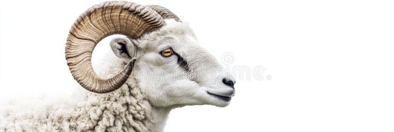 Large Horned Ram in Profile Against a White Background Showcasing Its ...