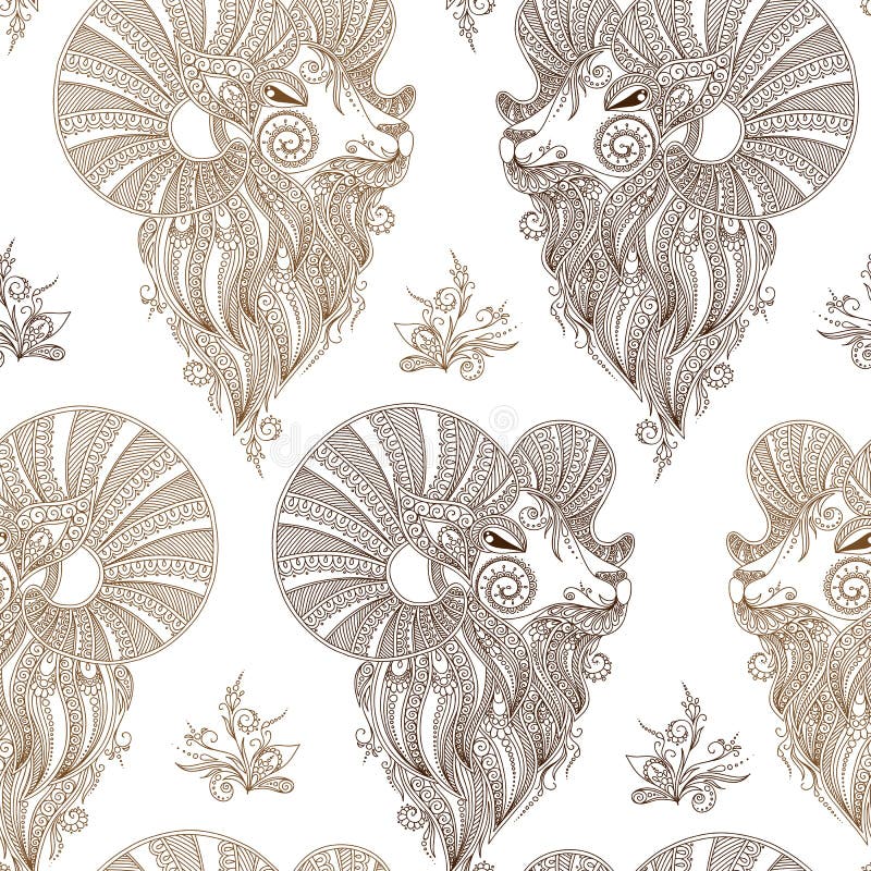 Ram S Head. Vector Seamless Pattern. Mehendi Style Stock Vector ...