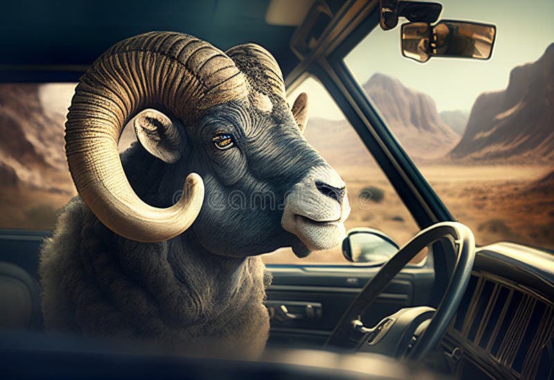 A Ram Sits Behind the Wheel of a Car. AI Generated Stock Illustration ...