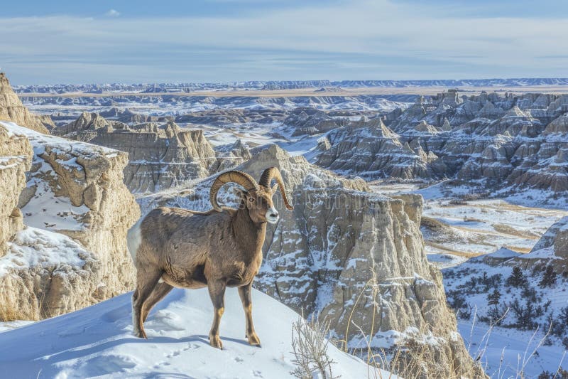 A Ram Standing on the Peak of a Snowy Mountain, Surrounded by Winter ...