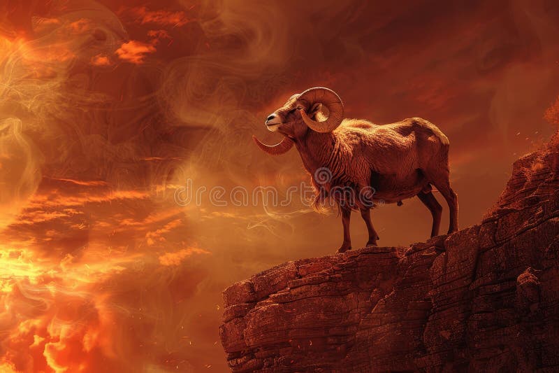A Ram is Standing on a Rocky Hillside with a Red Sky in the Background ...
