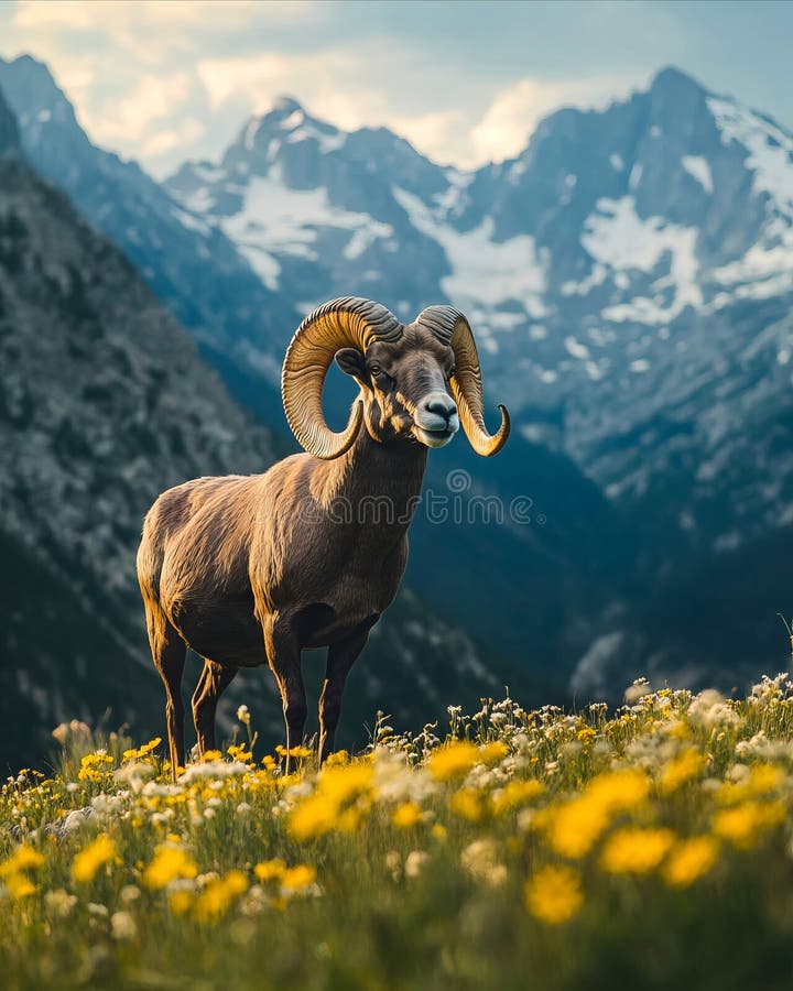 A Ram Standing on Top of a Lush Green Hillside Covered in Flowers Stock ...