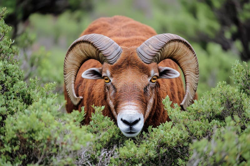 A Ram Stands in Bushes, Its Large Horns Prominent Stock Image - Image ...