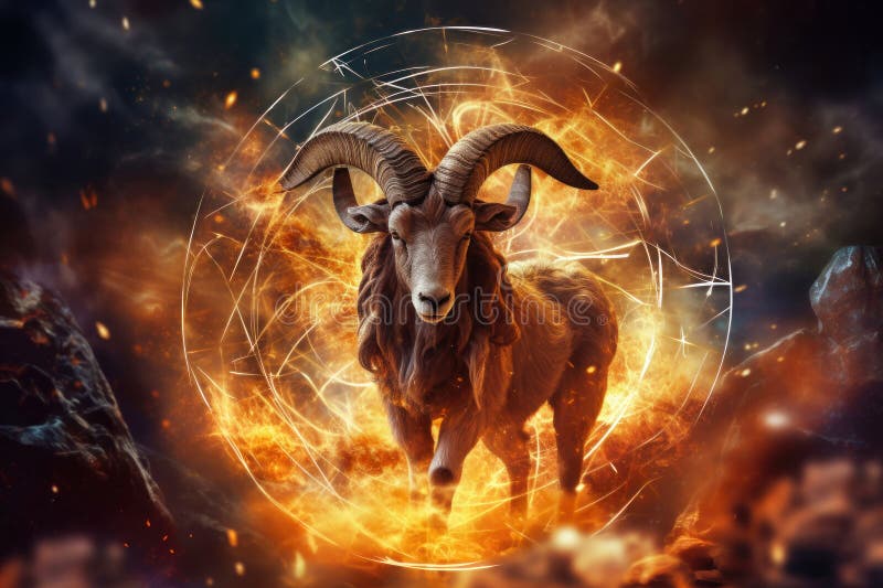 A Ram Surrounded by Flames in a Dramatic Ring of Fire Against a Deep ...