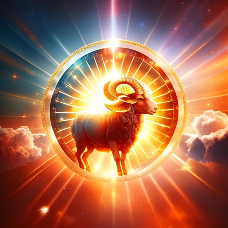 Ram Zodiac Sign in Circle with Sun Rays and Clouds on Background AI ...