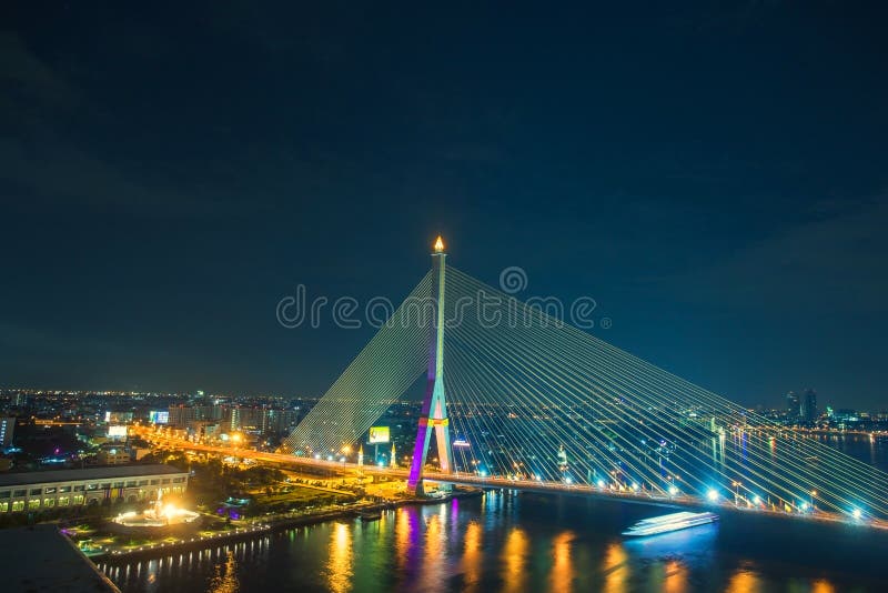 Rama 8 Bridge at Night in Bangkok Stock Photo - Image of architecture ...