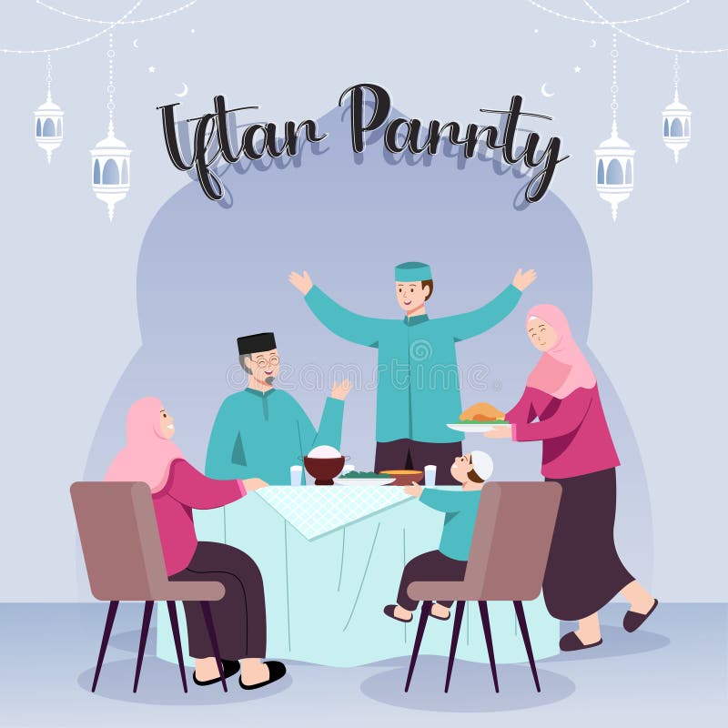 Happy Moslem Family Having Iftar Party Ramadan Concept Art Illustration ...