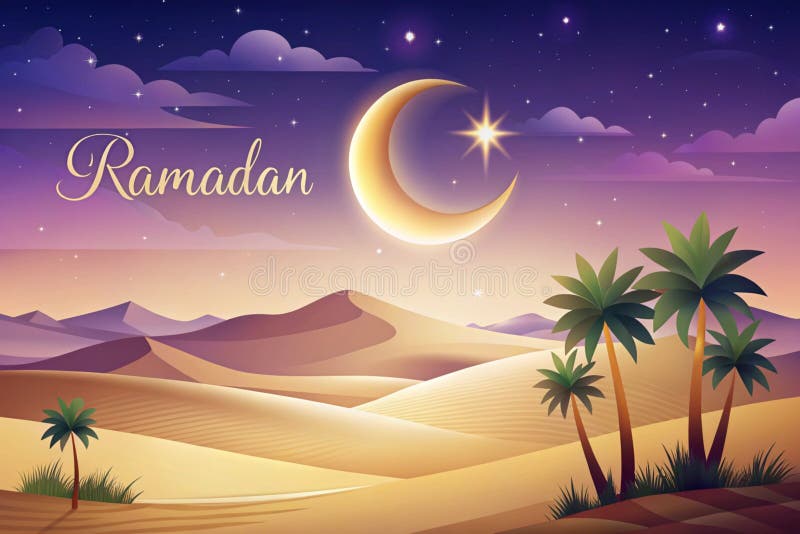 Ramadan Background with Crescent Moon, Starry Night, and Desert ...