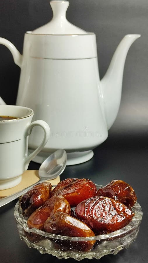Ramadan Breaking Fast Dishes. Dates, Coffee Water, White Cups and White ...