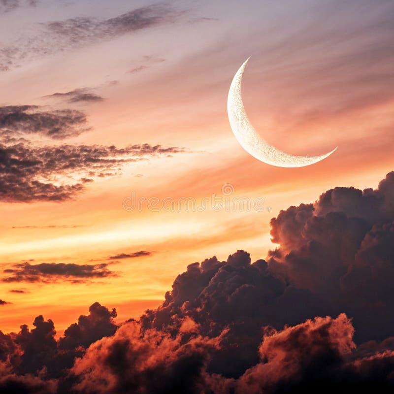 Ramadan Concept Abstract with Crescent Moon Over Sunset Clouds Stock ...