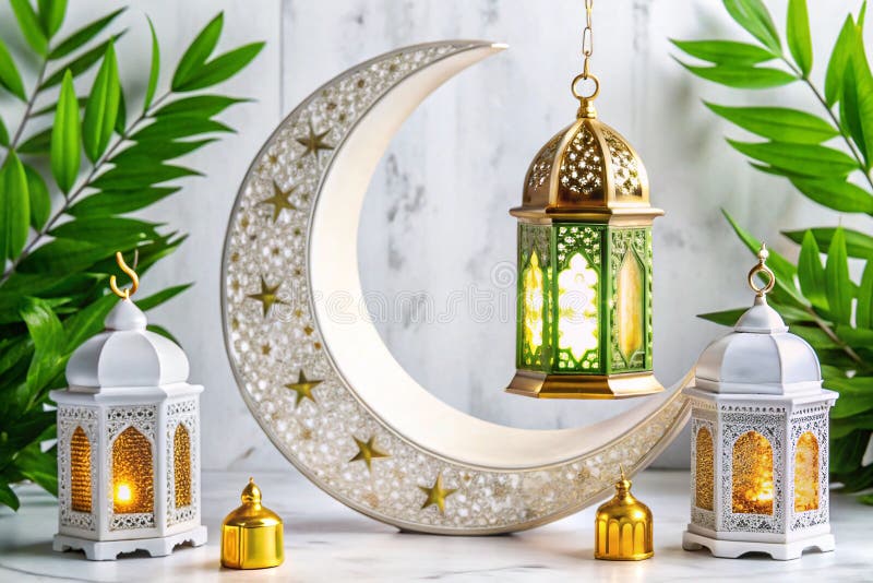 Ramadan Crescent Moon Lantern Display on Marble Stock Illustration ...