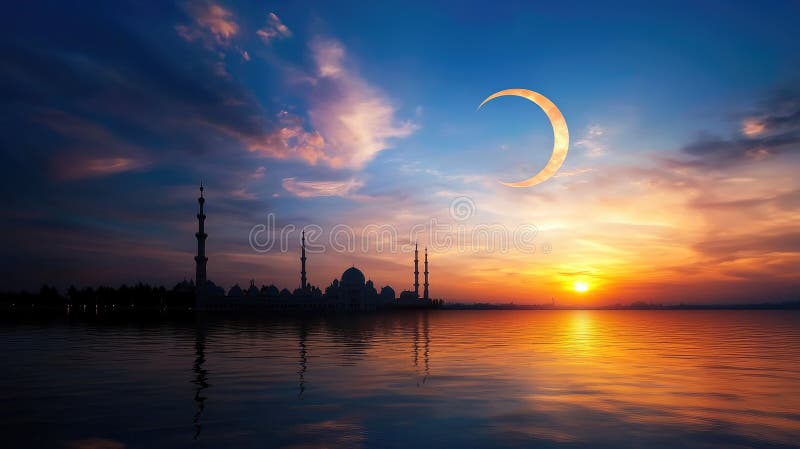 Ramadan Crescent and Mosque Reflection at Sunset Scene Stock Image ...