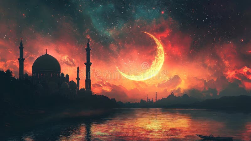 Ramadan Crescent and Mosque Reflection at Sunset Scene Stock Photo ...
