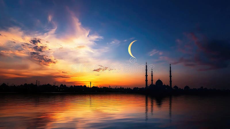 Ramadan Crescent and Mosque Reflection at Sunset Scene Stock Image ...