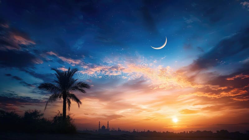 Ramadan Crescent and Palm Tree Silhouette at Sunset Stock Image - Image ...