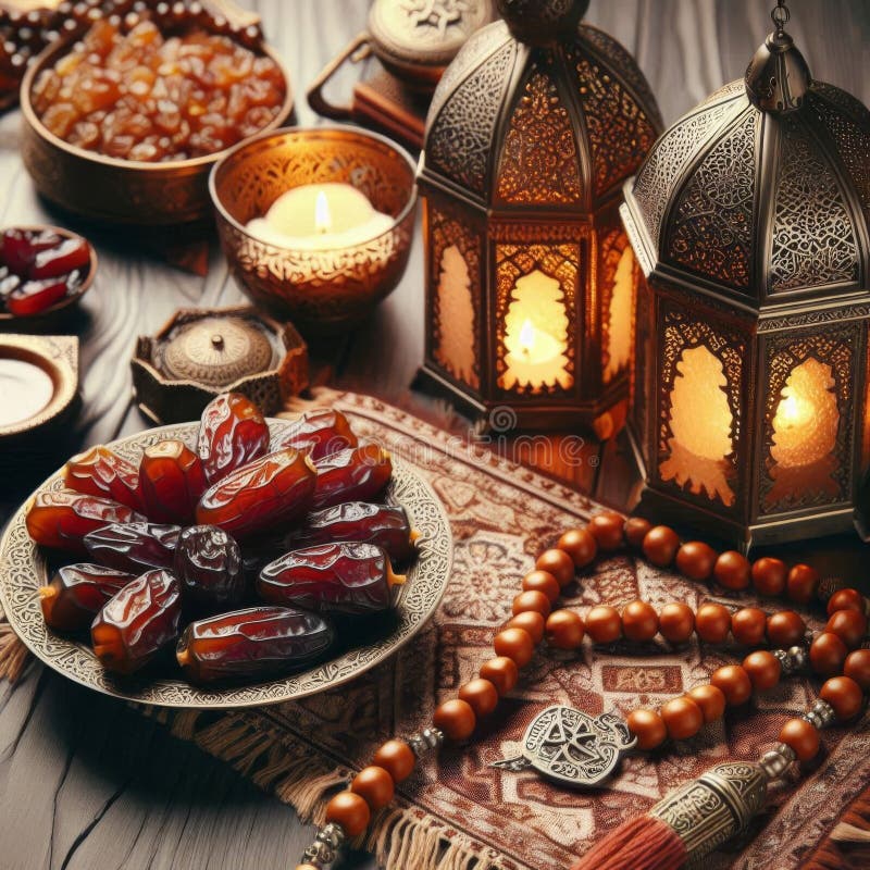 Ramadan Decorations Including Dates, an Arabian Lantern, and a Prayer ...