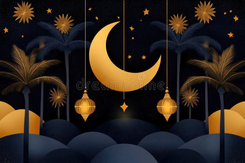 Ramadan Doodle Art, Elaborate Doodle Design with Moons, Palm Trees, and ...