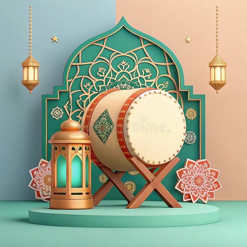Ramadan Drum, Lanterns, and Islamic Geometric Patterns on a Teal ...