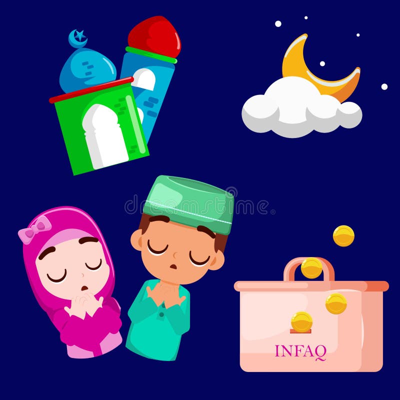 Ramadan Element Set, Mini Mosque, Moon and Cloud, Couple Kids Praying ...