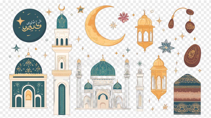 Ramadan Elements Set with Crescent Moon Prayer Mat Mosque Dates and ...