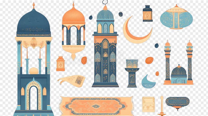 Ramadan Elements Set with Crescent Moon Prayer Mat Mosque Dates and ...