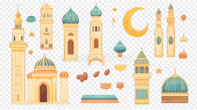 Ramadan Elements Set with Crescent Moon Prayer Mat Mosque Dates and ...