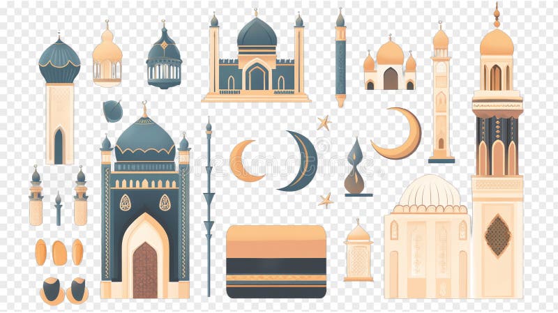 Ramadan Elements Set with Crescent Moon Prayer Mat Mosque Dates and ...