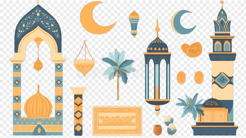 Ramadan Elements Set with Crescent Moon Prayer Mat Mosque Dates and ...