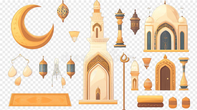 Ramadan Elements Set with Crescent Moon Prayer Mat Mosque Dates and ...