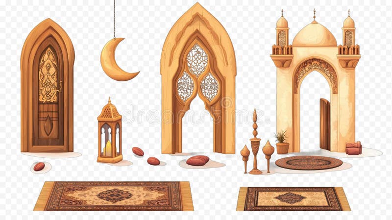 Ramadan Elements Set with Crescent Moon Prayer Mat Mosque Dates and ...