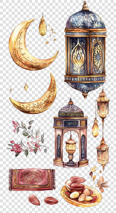 Ramadan Elements Set with Crescent Moon Prayer Mat Mosque Dates and ...