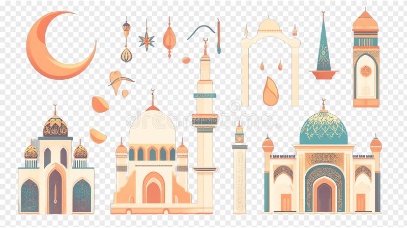 Ramadan Elements Set with Crescent Moon Prayer Mat Mosque Dates and ...