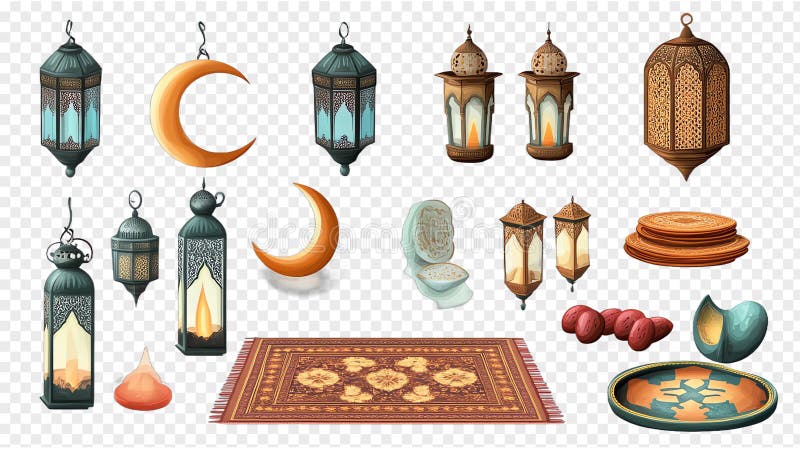 Ramadan Elements Set with Crescent Moon Prayer Mat Mosque Dates and ...
