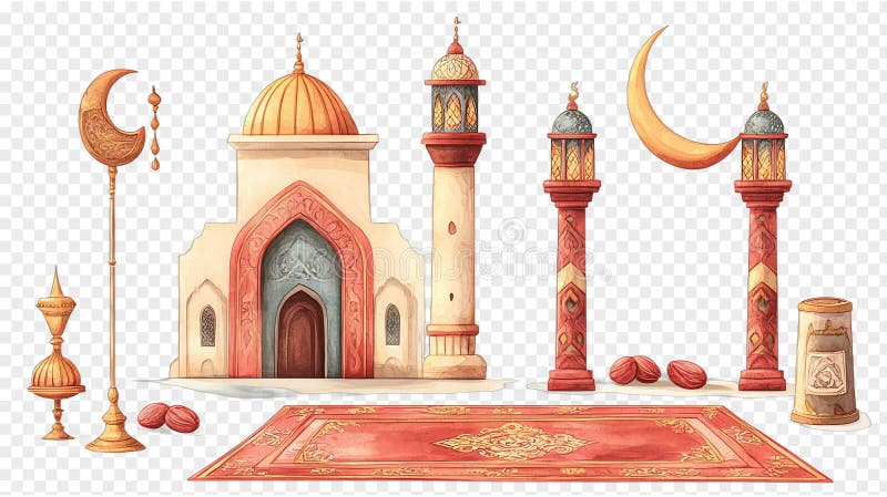 Ramadan Elements Set with Crescent Moon Prayer Mat Mosque Dates and ...