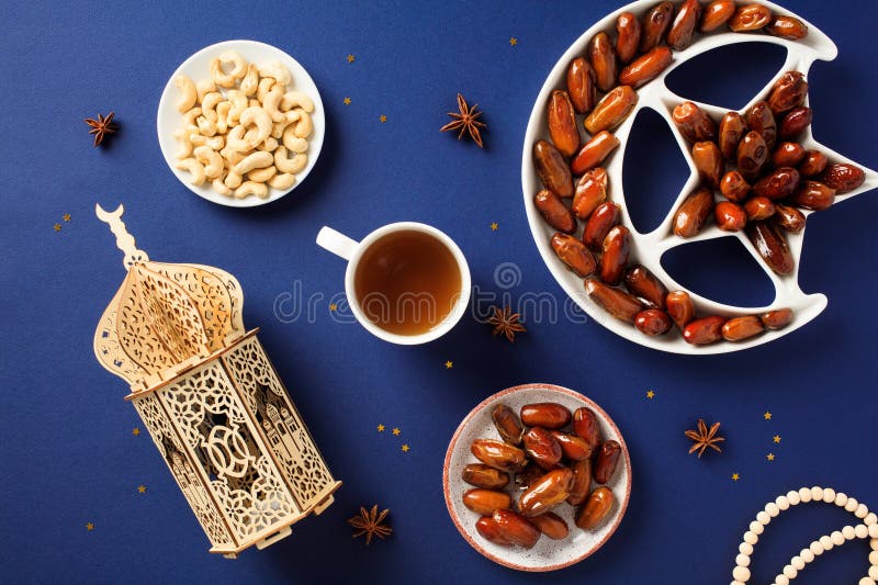 Ramadan Fasting Concept. Ramadan Dates Fruit, Nuts, Wooden Lantern ...