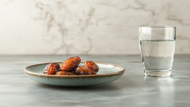 Ramadan Fasting Tradition with Dates and Water on Ceramic Plate for ...