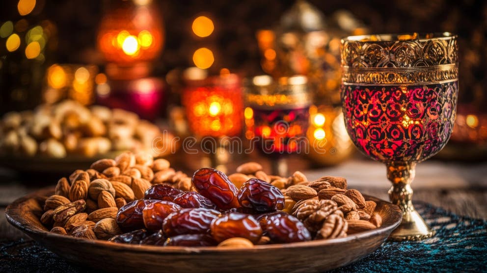 Ramadan Feast Dates Nuts and Lantern Lights Stock Illustration ...