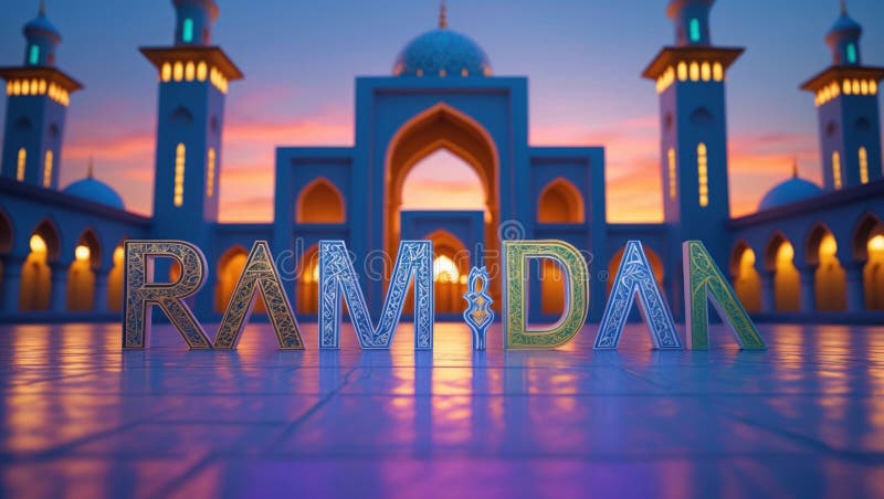 Ramadan Greeting with Illuminated Letters and Architectural Background ...