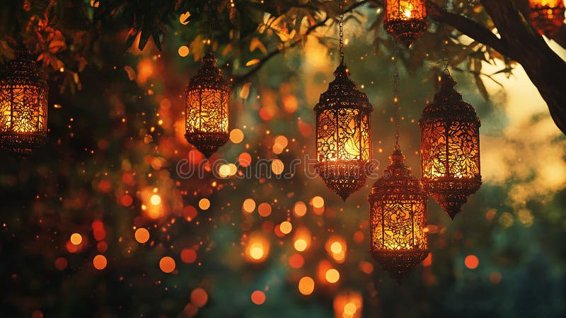 Ramadan a Group of Lanterns Hanging from the Ceiling, with One of Them ...