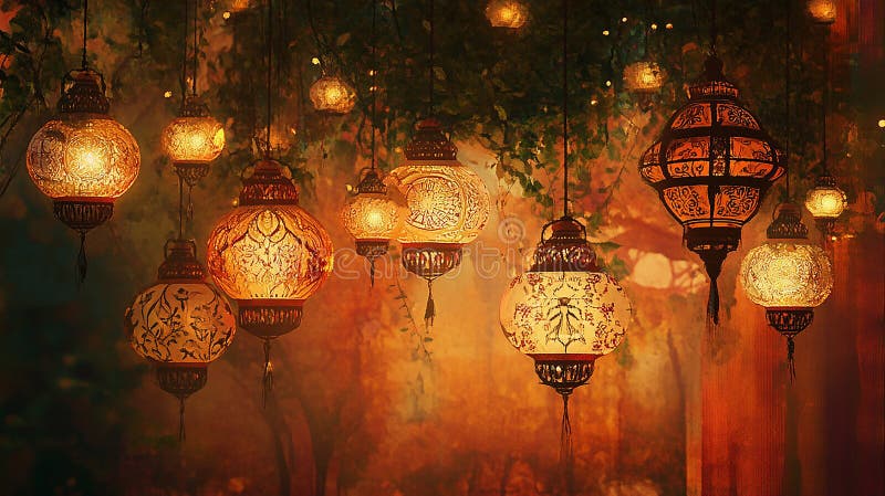 Ramadan a Group of Lanterns Hanging from the Ceiling, with One of Them ...