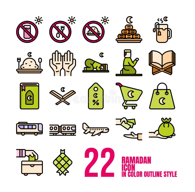 Ramadan Icon Set in Color Outline Style Stock Vector - Illustration of ...