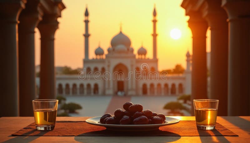 Ramadan Iftar with Dates and Water Overlooking a Mosque at Sunset ...