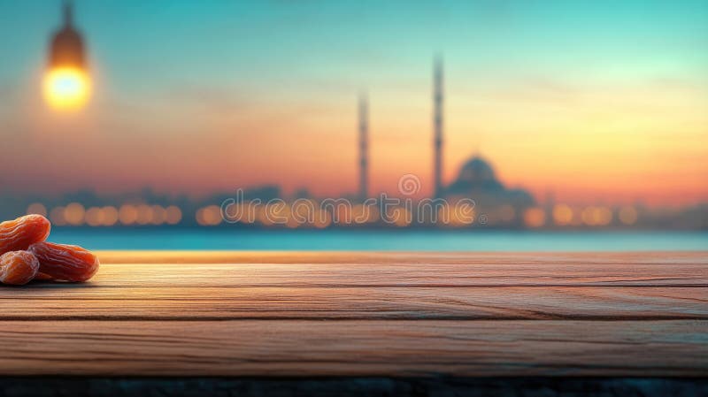 Ramadan Iftar Dates on Wooden Table with Mosque Silhouette at Sunset ...