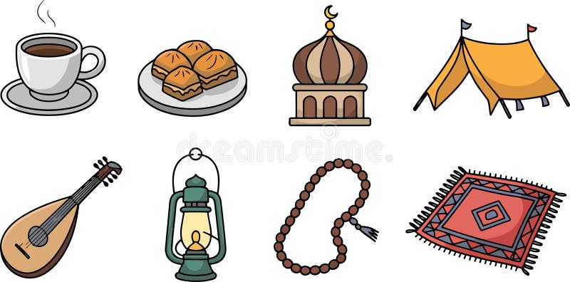 Ramadan Iftar Elements Vector Set Featuring Coffee, Sweets, Mosque ...