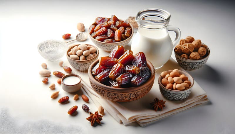 Ramadan Iftar Essentials Dates Milk and Nuts Presented Elegantly on ...
